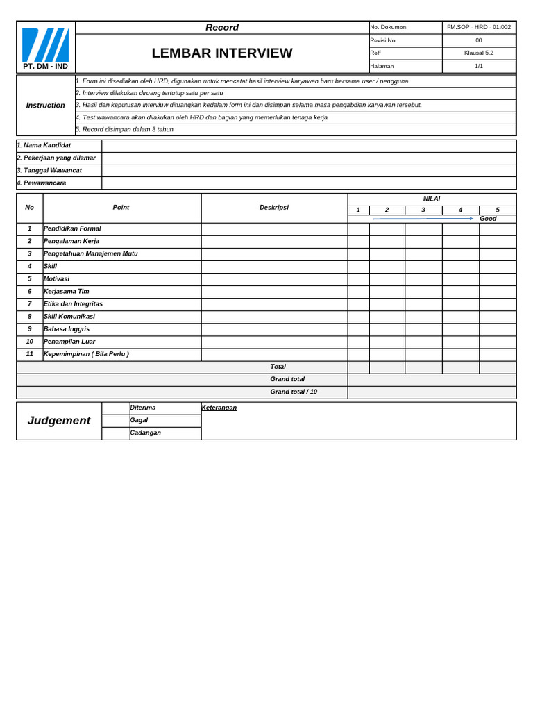 Formulir Interview Karyawan Baru HRD | PDF