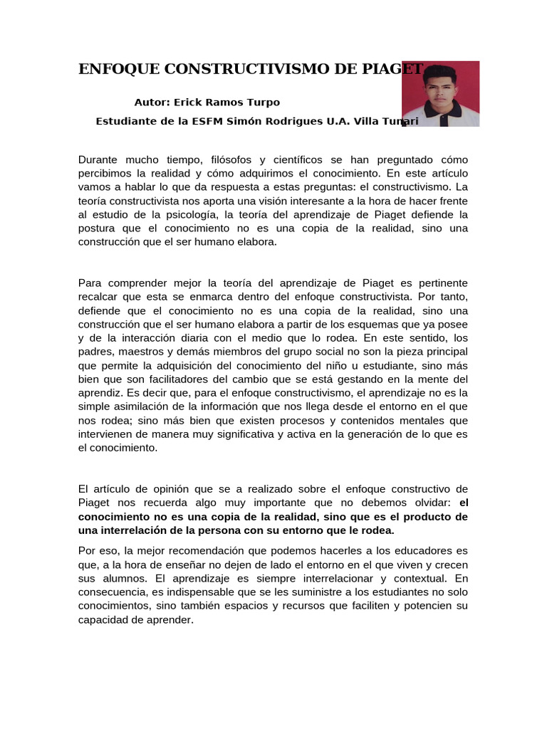 Enfoque Constructivismo de Piaget | PDF