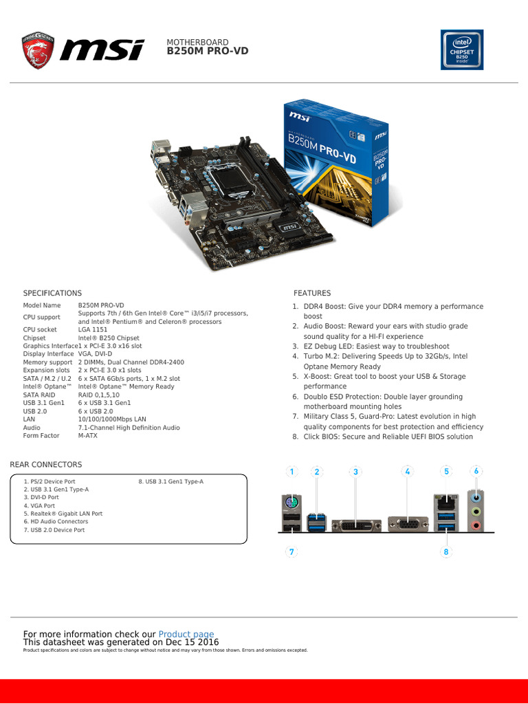 MSI B250M PRO-VD Motherboard Specs | PDF | Usb | Computer Hardware