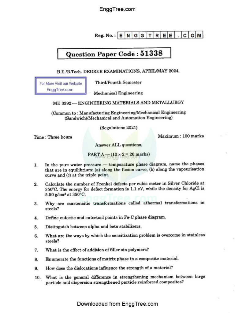 ME3392 Engineering Materials and Metallurgy Apr May 2024 Question Paper ...