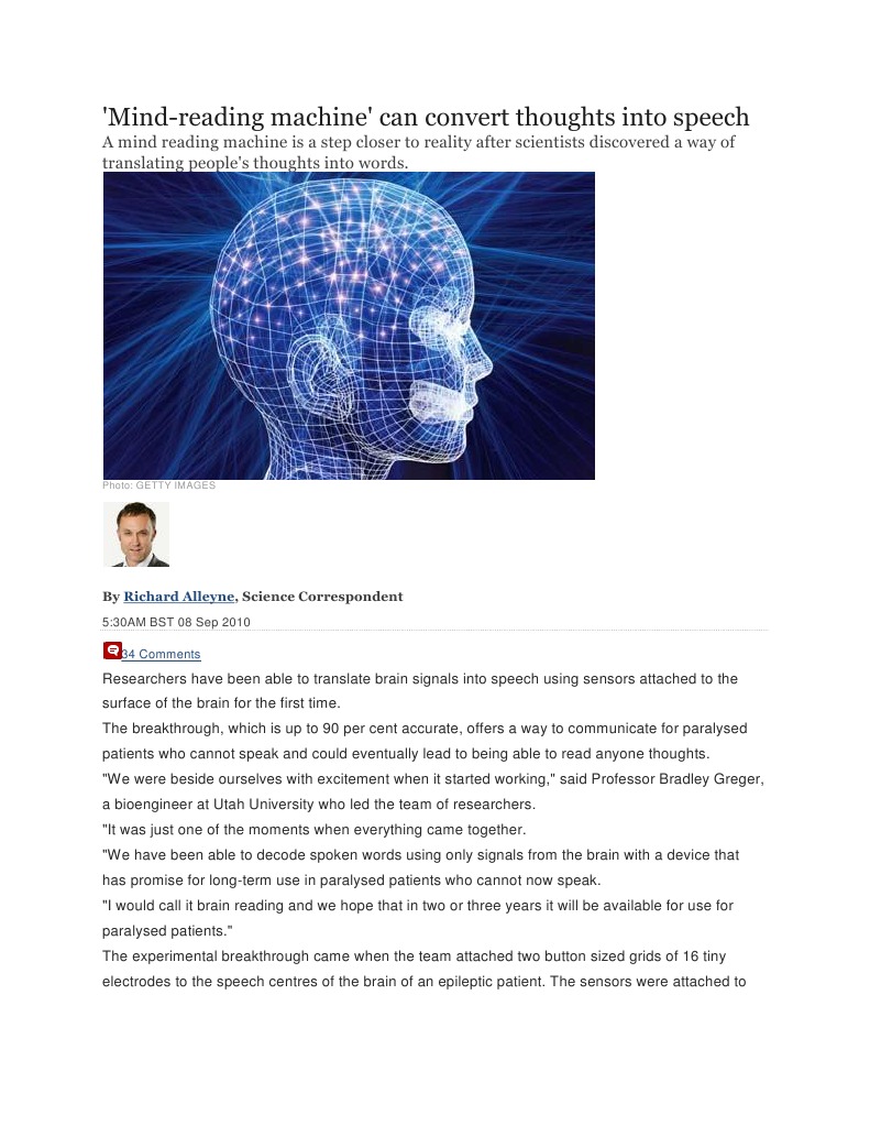 'Mind-Reading Machine' Can Convert Thoughts Into Speech | PDF ...