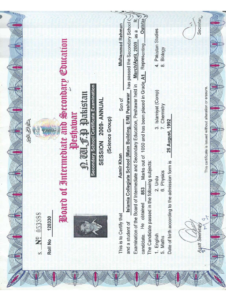 Matric Certificate | PDF