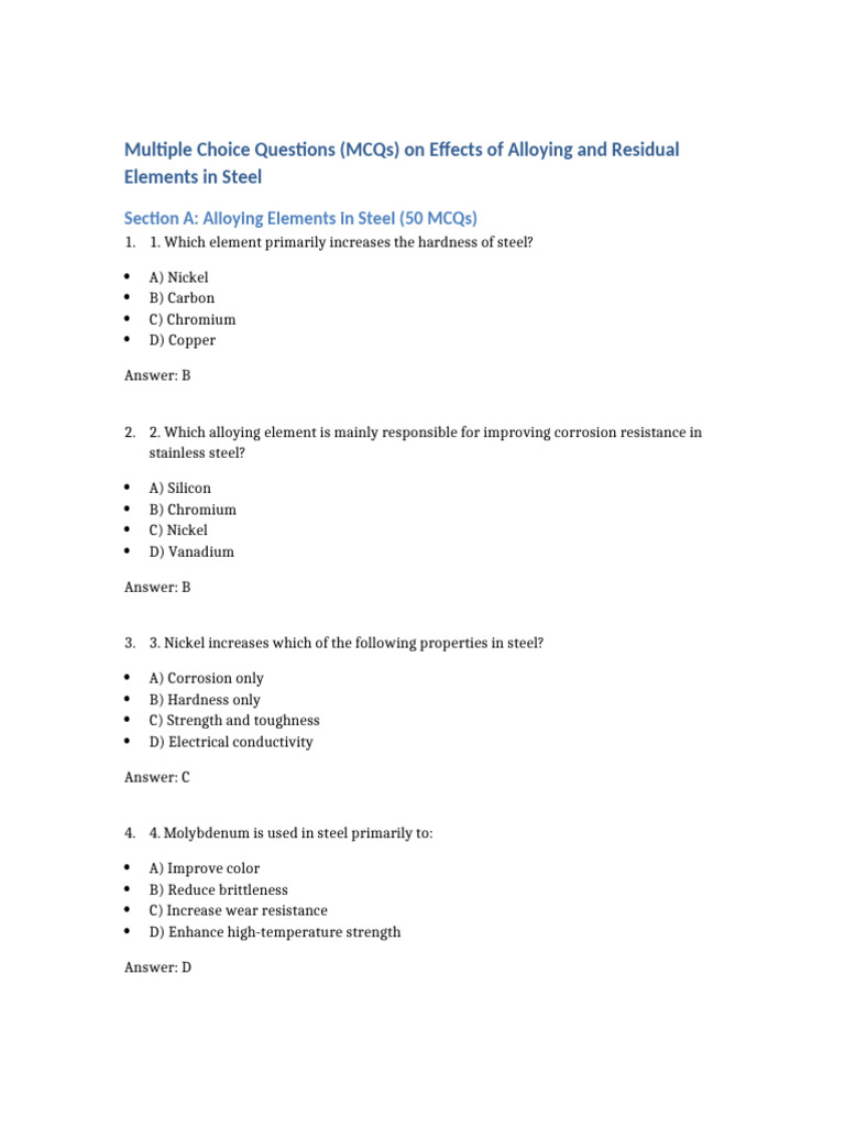 70 MCQ Alloying Residual Elements Steel | PDF
