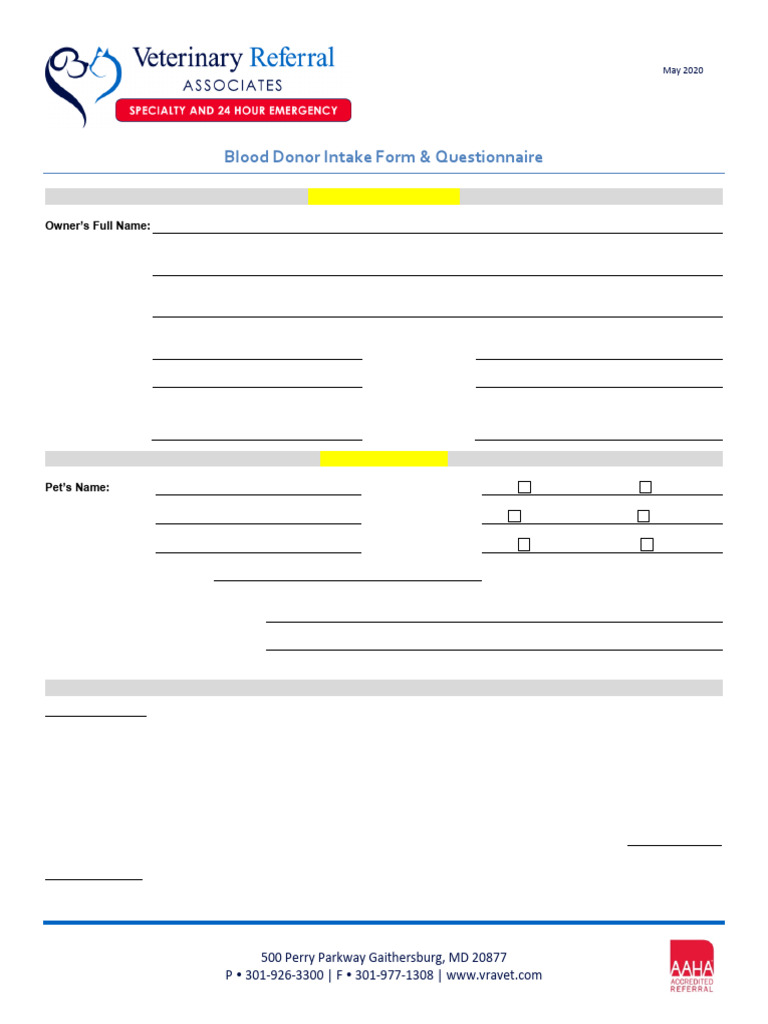 Blood Donor Intake Form for Pets | PDF | Blood Donation | Medical ...