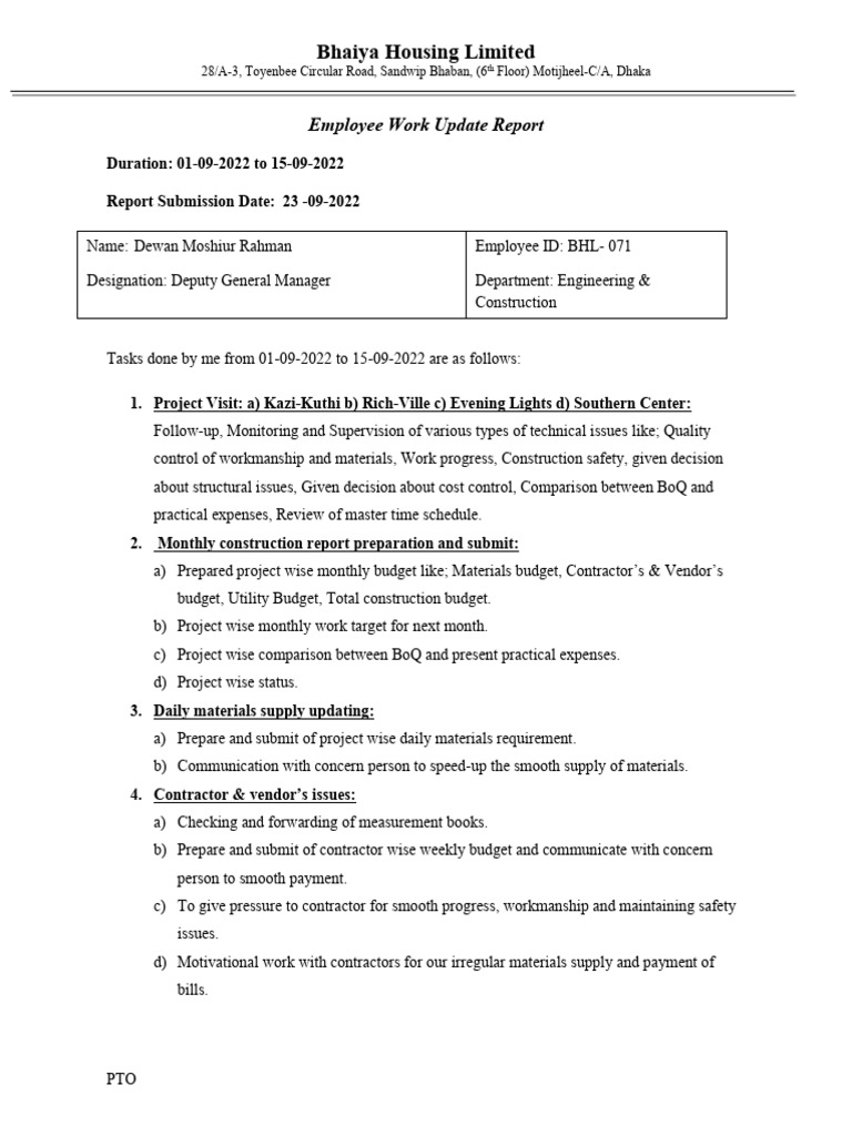 Employee Work Update Report: Sep 2022 | PDF