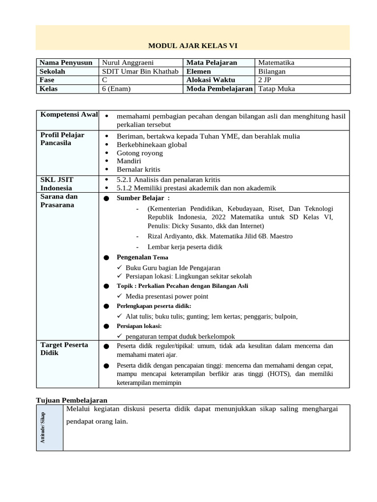 Modul Ajar Pembagian Pecahan Dengan Bilangan Asli | PDF