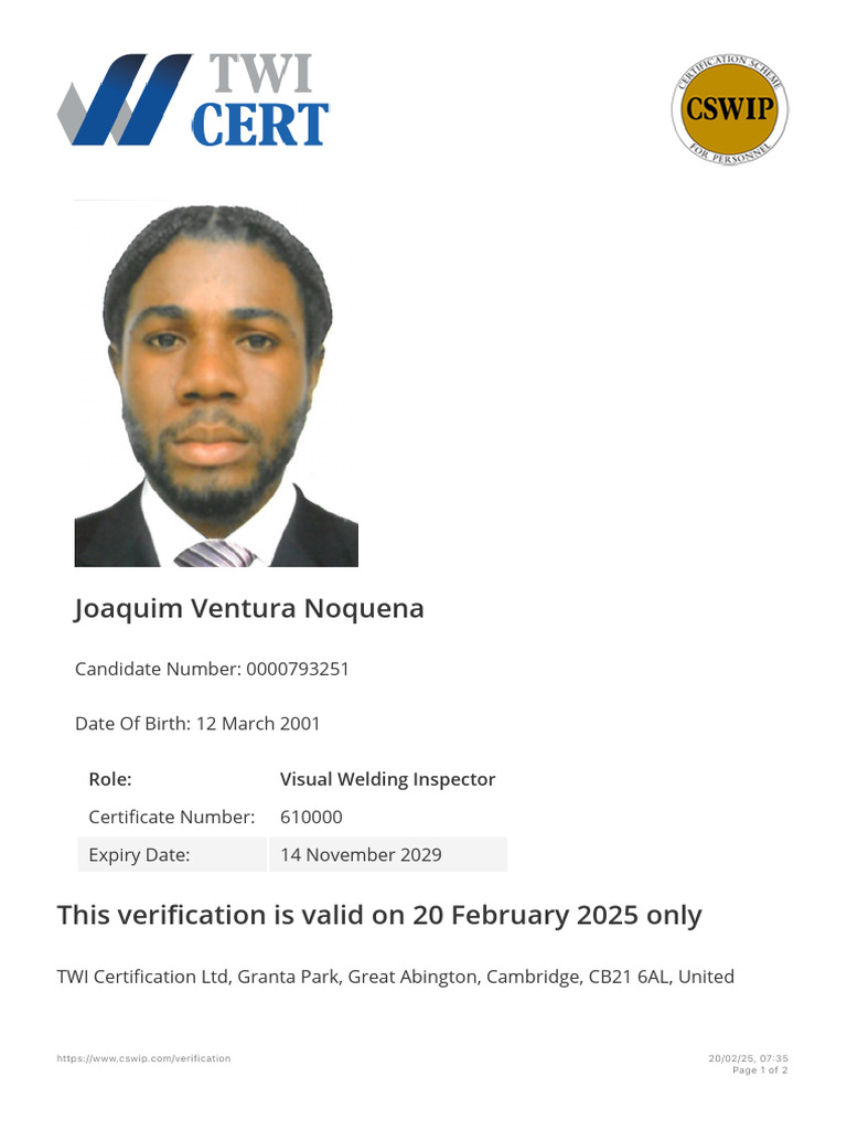 CSWIP Verification Certificate | PDF