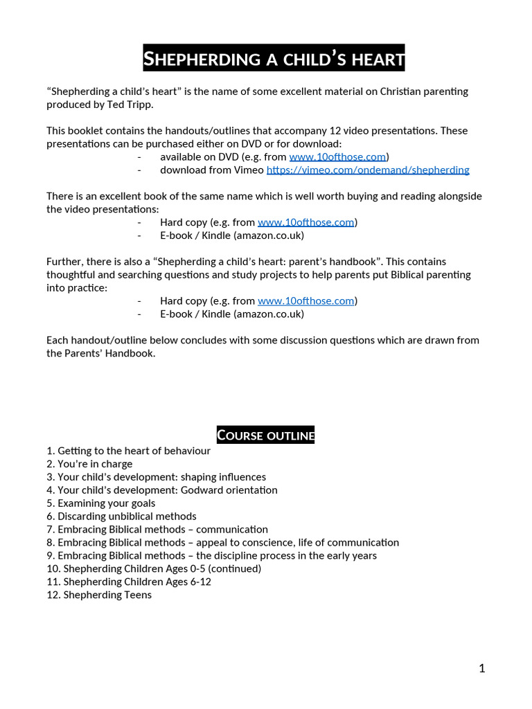 Shepherding A Childs Heart - Handouts For Sessions 1-12 | PDF | Jesus ...