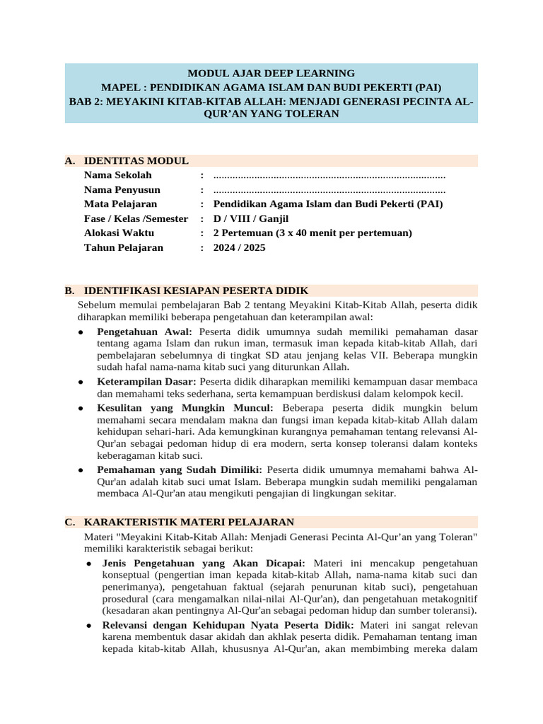 Modul Bab 2 Meyakini Kitab-Kitab Allah Menjadi Generasi Pecinta Al-Qur'an Yang Toleran | PDF
