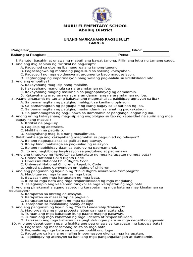 GMRC 4 First Periodic Test | PDF