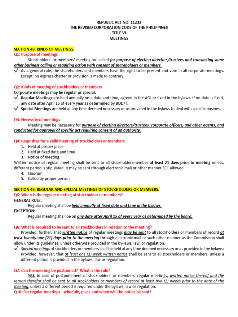 Revised Corporation Code of PH Title 6 | PDF | Proxy Voting | Board Of Directors