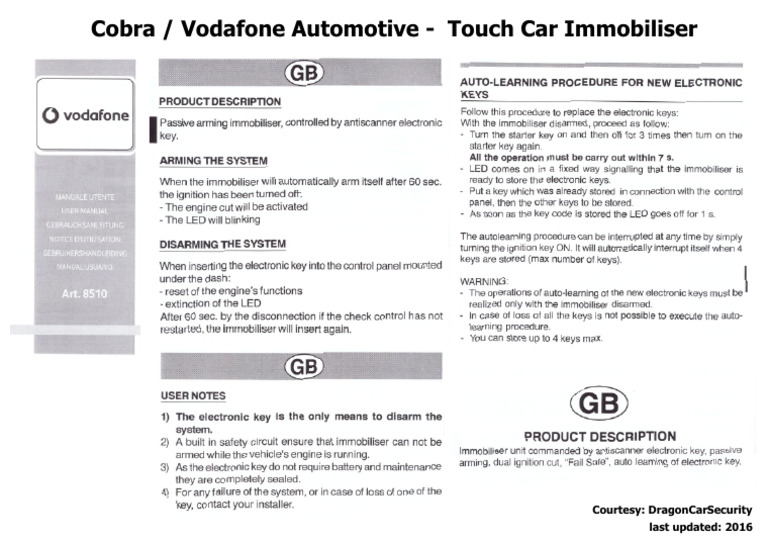 Cobra Touch Immobiliser User Manual-1 | PDF