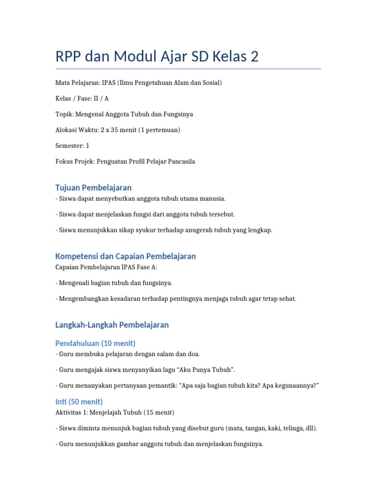 Modul IPAS Kelas 2: Anggota Tubuh | PDF