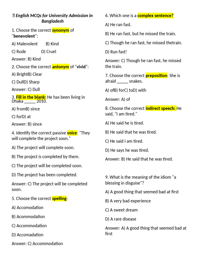 English MCQs for Admission Test | PDF | Linguistic Morphology | Syntax