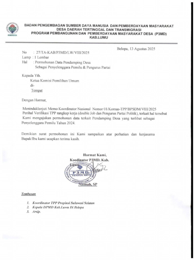 Permohonan Data Pendamping Desa Sebagai Penyelenggara Pemilu Dan Pengurus Partai | PDF