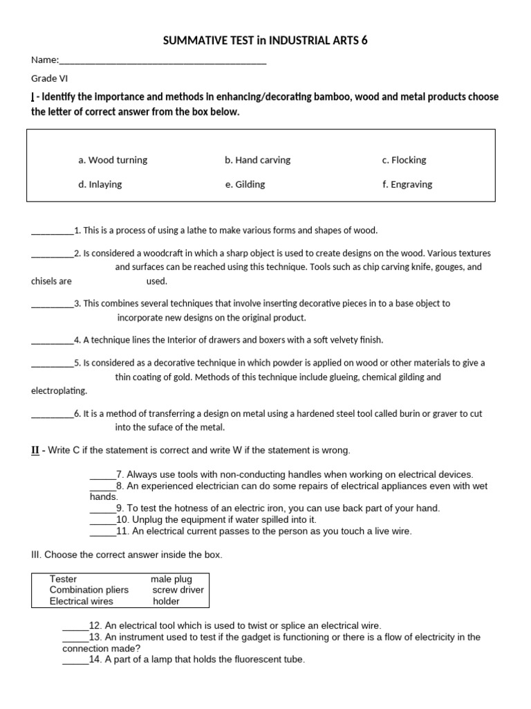 Summative Test in Industrial Arts 6 | PDF | Varnish | Wood Carving