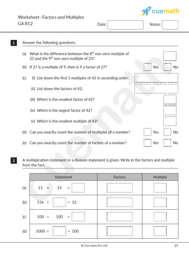 Grade 4 Factors and Multiples Worksheet | PDF