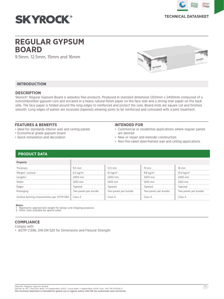 Skyrock Regular Gypsum Board Overview | PDF | Drywall | Building Materials