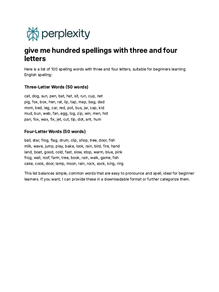 100 Beginner Three-Letter Words | PDF