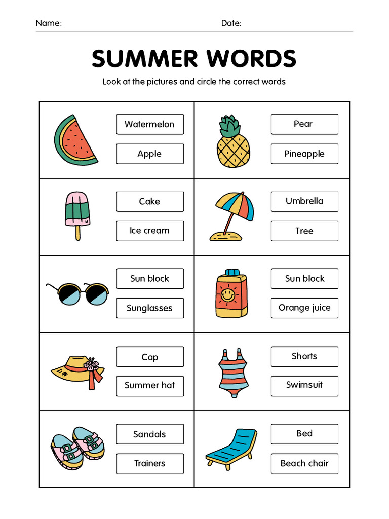 Summer Words Worksheet in Colorful and Monochromatic Simple Style | PDF
