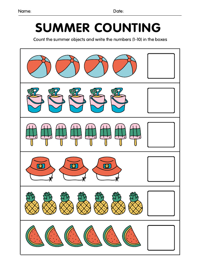 Summer Counting Worksheet in Colorful and Monochromatic Simple Style | PDF
