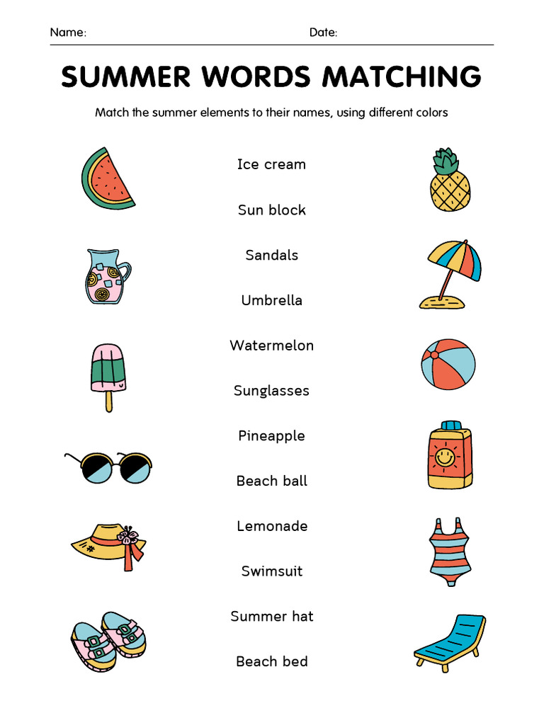 Summer Words Matching Activity Worksheet in Colorful Simple Style | PDF