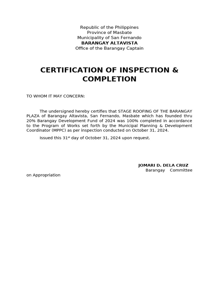 Certification of Inspection and Completion | PDF