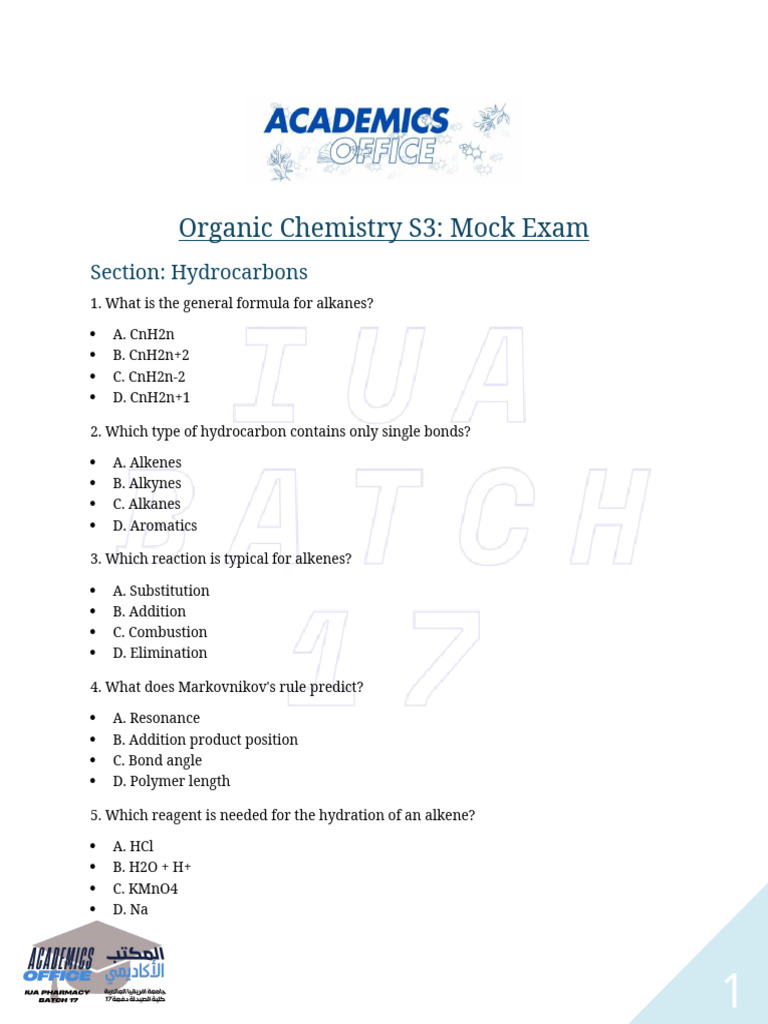 Organic Chemistry S3 - Mock Exam | PDF | Alkene | Hydrocarbons