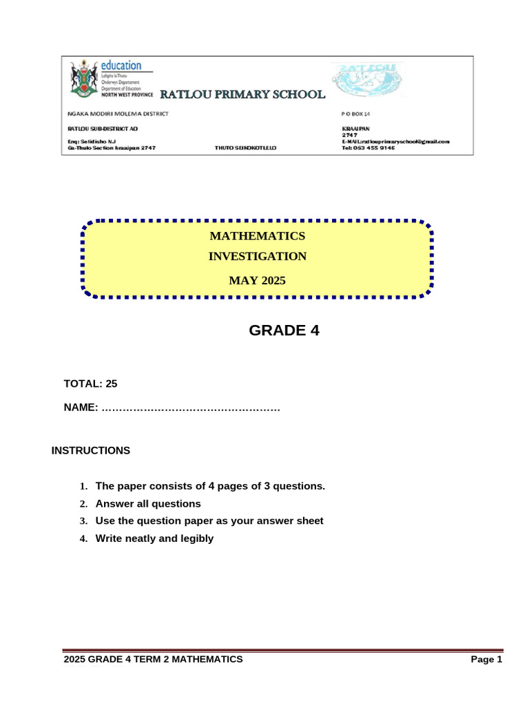 2025 Grade 4 Investigation & MEMO EDITED | PDF | Mathematics | Arithmetic