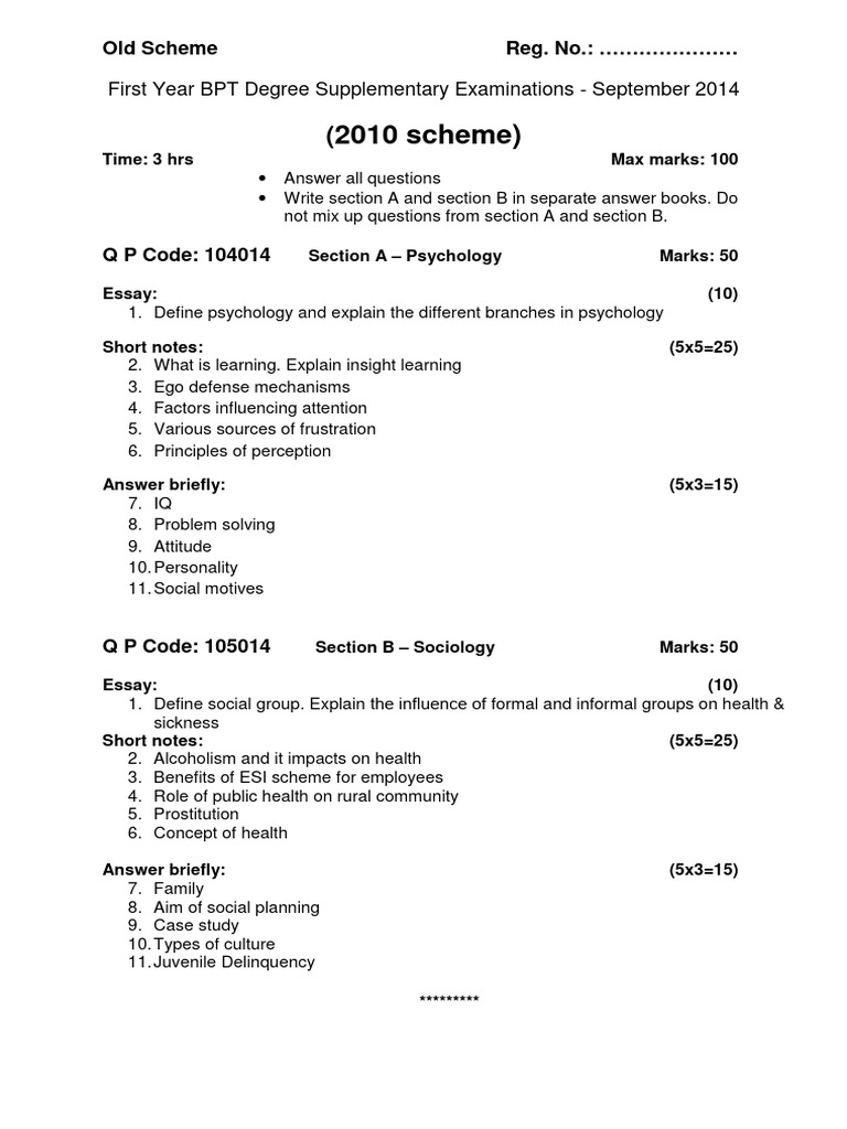 2010 Scheme) : First Year BPT Degree Supplementary Examinations ...