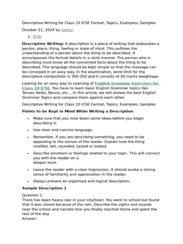 Descriptive Writing Guide for Class 10 | PDF | English Grammar ...