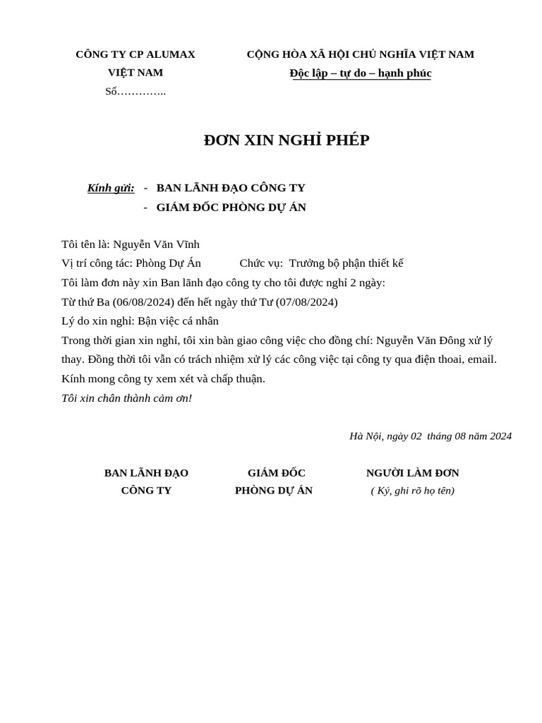 Don Xin Nghi Phep FORM MẪU | PDF