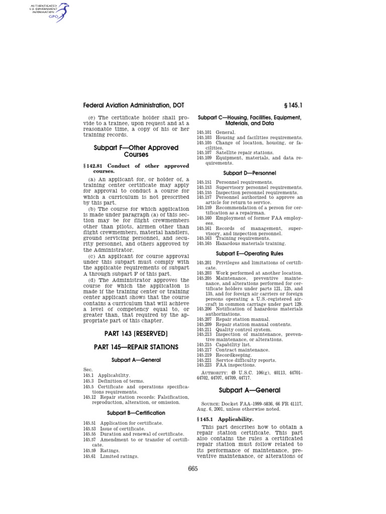 CFR 2025 Title14 Vol3 Part145 | PDF | Federal Aviation Administration ...