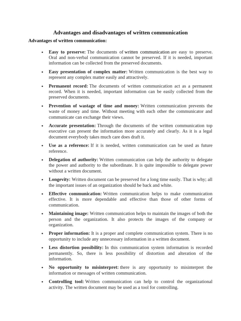 Advantages and Disadvantages of Written Communication | PDF ...