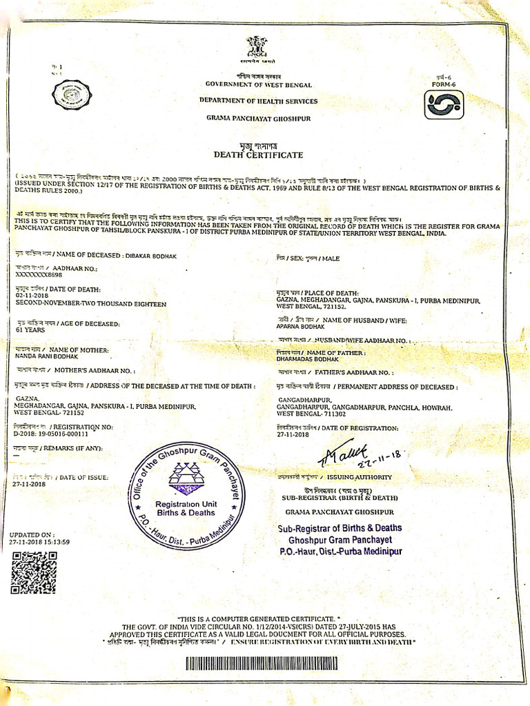 Dibakar Bodhak Death Certificate | PDF