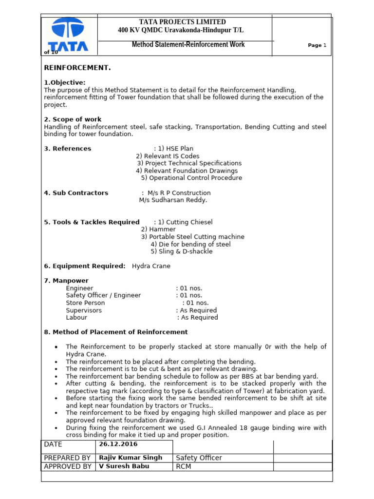 Method Statement-Reinf.formwork and Concrete Works | PDF | Crane (Machine)