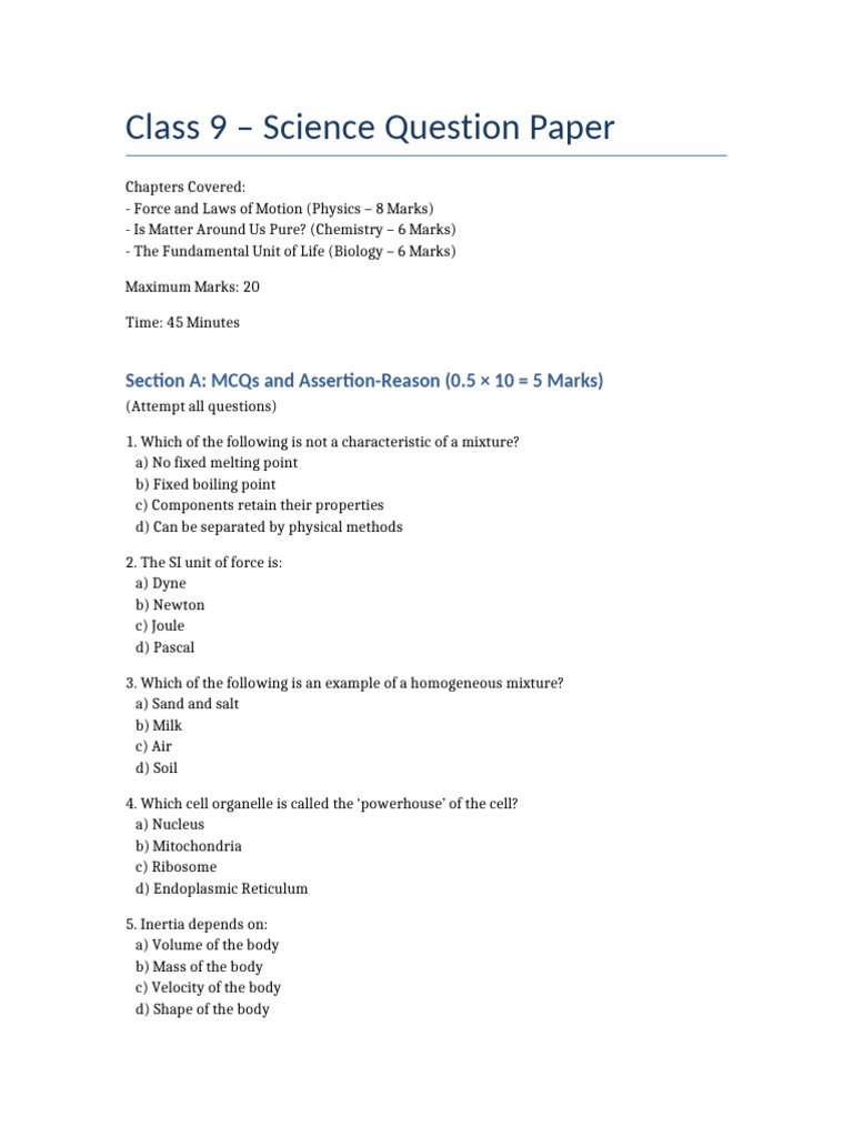Class 9 Science Exam Paper Overview | PDF | Force | Cell (Biology)