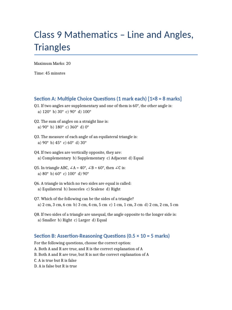 Class9 Math Lines Angles Triangles Paper | PDF | Triangle | Geometry