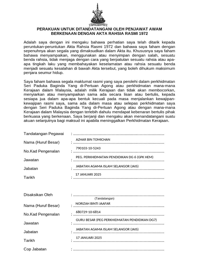 Borang Akta Rahsia Rasmi 1972 | PDF