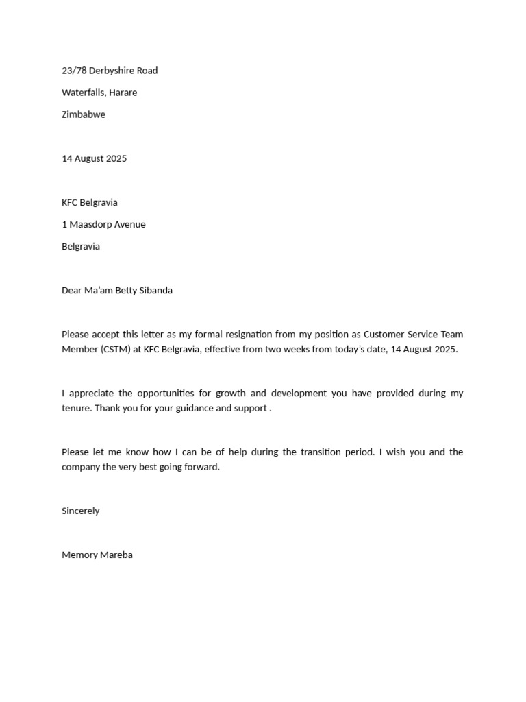 Formal Resignation Letter - Memory Mareb | PDF
