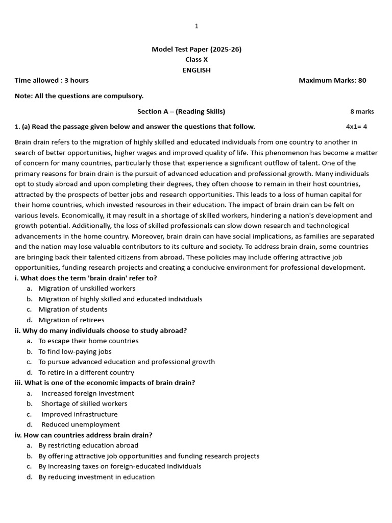 Class 10 English Model Test Paper 2025-26 | PDF | Human Capital Flight