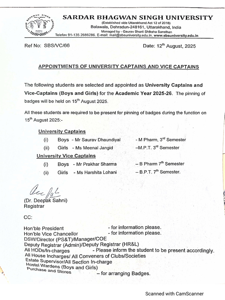 Appointment of University Capt and Vice Captain | PDF