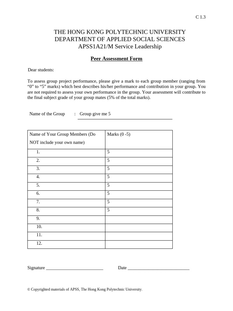 C1.3 Peer Assessment Form | PDF