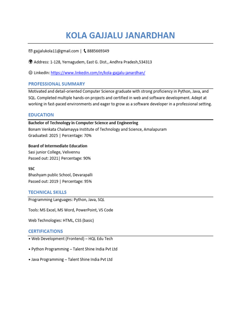 Kola Gajjalu Janardhan CV | PDF