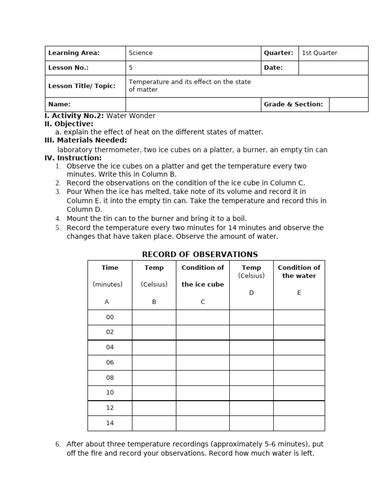 Activity Sheet Science 5 q1 w5 | PDF | Temperature | Water