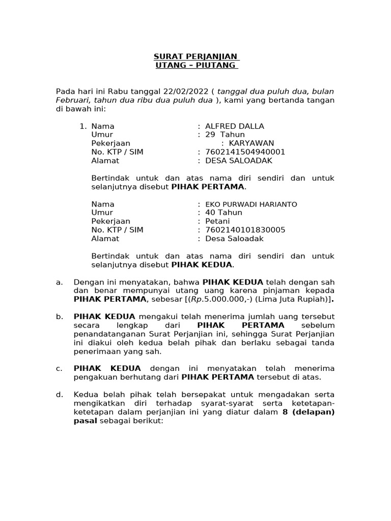 Contoh Surat Perjanjian Utang Piutang | PDF