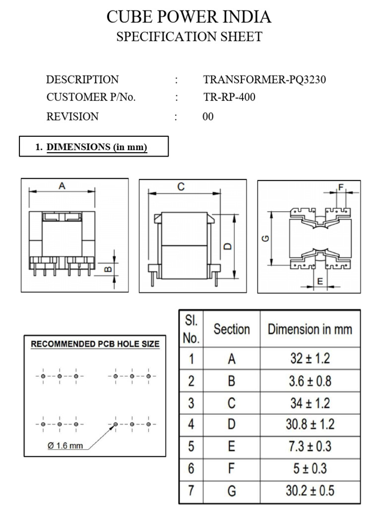 Transformer Specification Sheet PQ3230 | PDF