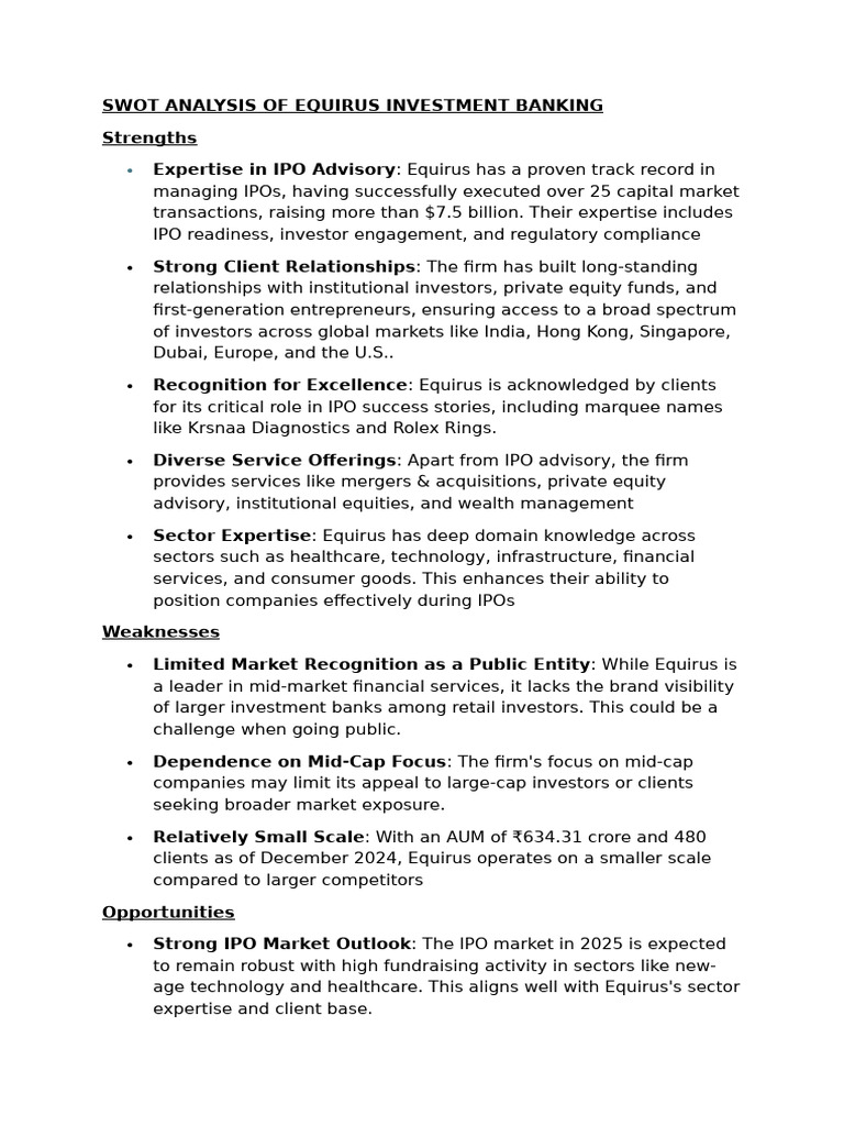 Equirus Investment Banking SWOT Analysis | PDF | Private Equity ...