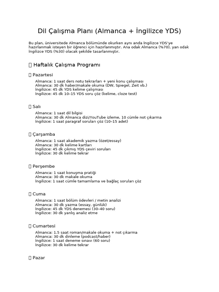 Dilci Calisma Plani YDS | PDF