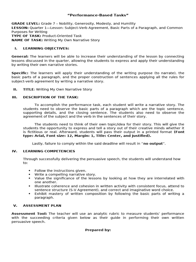 Grade 7 - First Quarter - Performance Task | PDF | Narrative | Learning
